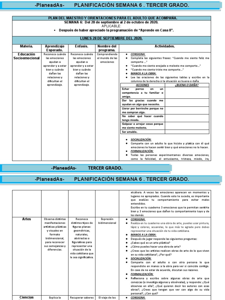 03 Planificación Semana 6. 28 Sep Al 2 de Oct. Tercer Grado. | PDF ...