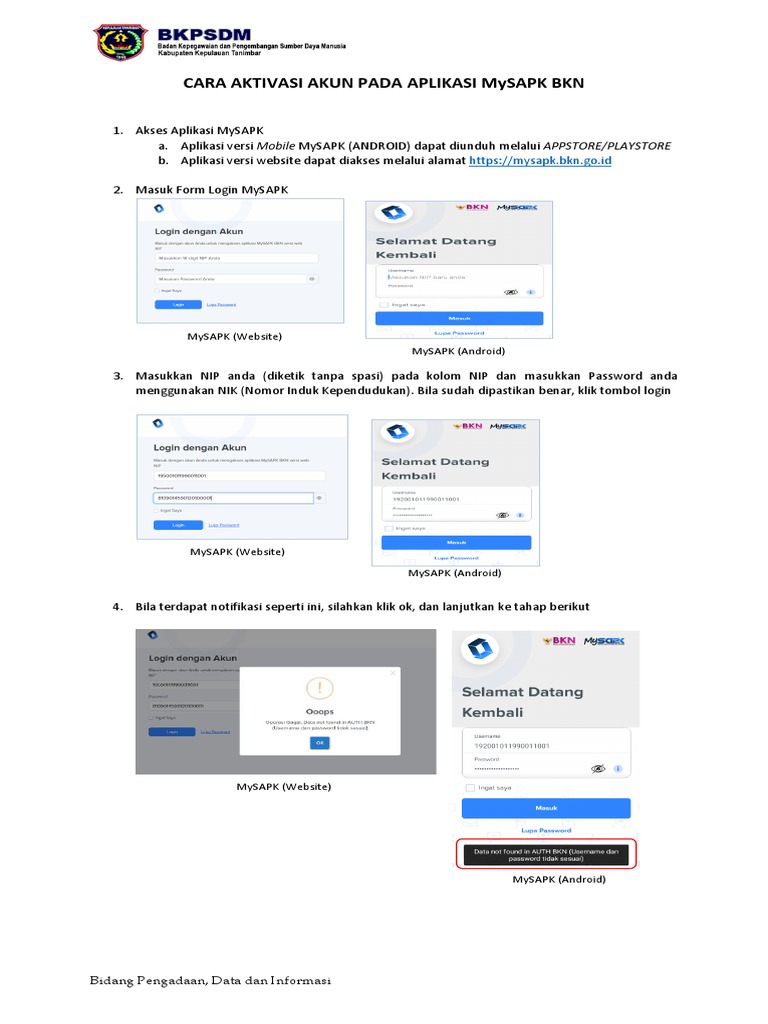 CARA AKTIVASI AKUN PADA APLIKASI MySAPK BKN @BKPSDM KKT | PDF