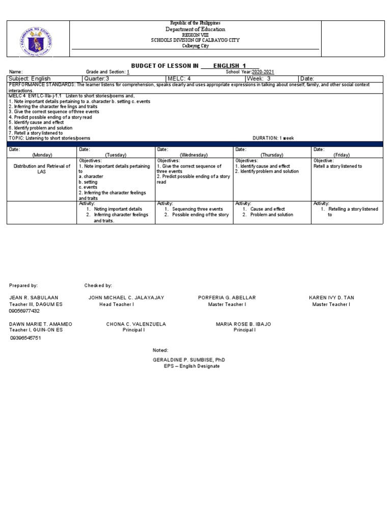 Budget of Lesson in - English - 1 | PDF | Cognition | Learning