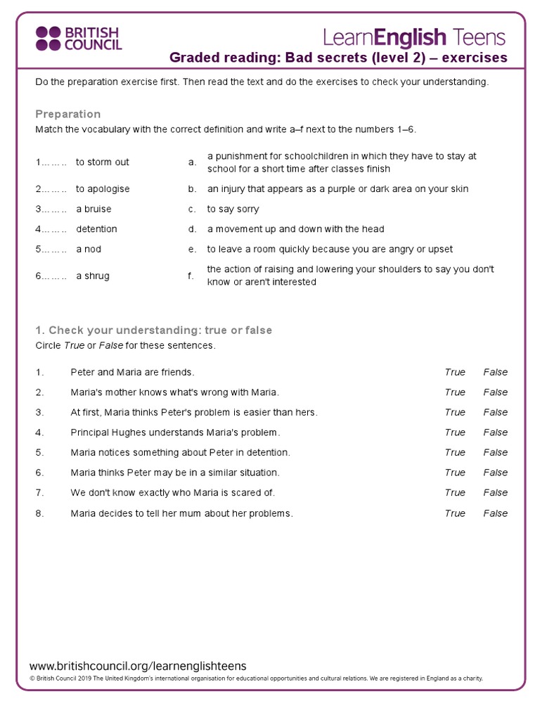 Graded Reading: Bad Secrets (Level 2) - Exercises: Preparation | PDF