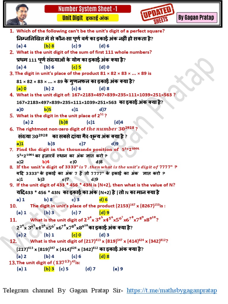 Number System Sheet 1 (Unit Digit) | PDF