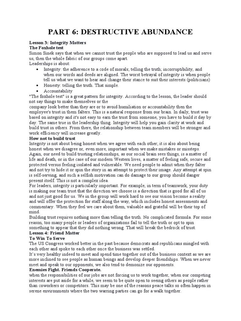 Review Part 6 - DESTRUCTIVE ABUNDANCE | PDF | Integrity | Truth