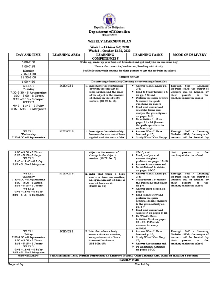 Grade 8 Science Weekly Learning Plan | PDF | Applied Psychology | Pedagogy