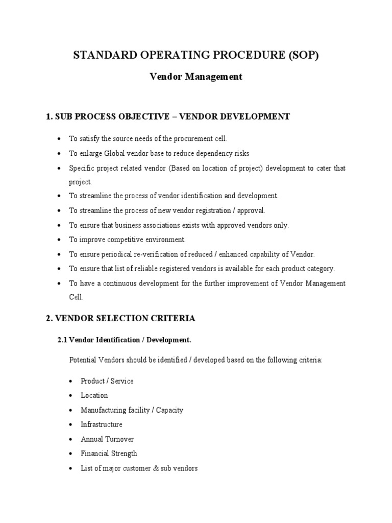 SOP For Vendor Management | PDF | Procurement | Evaluation
