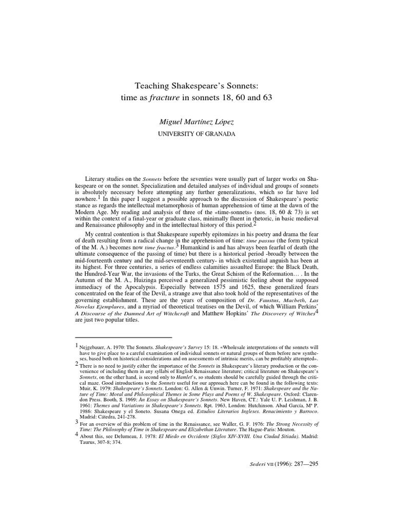 Teaching Shakespeare's Sonnets: Time As Fracture in Sonnets 18, 60 and ...