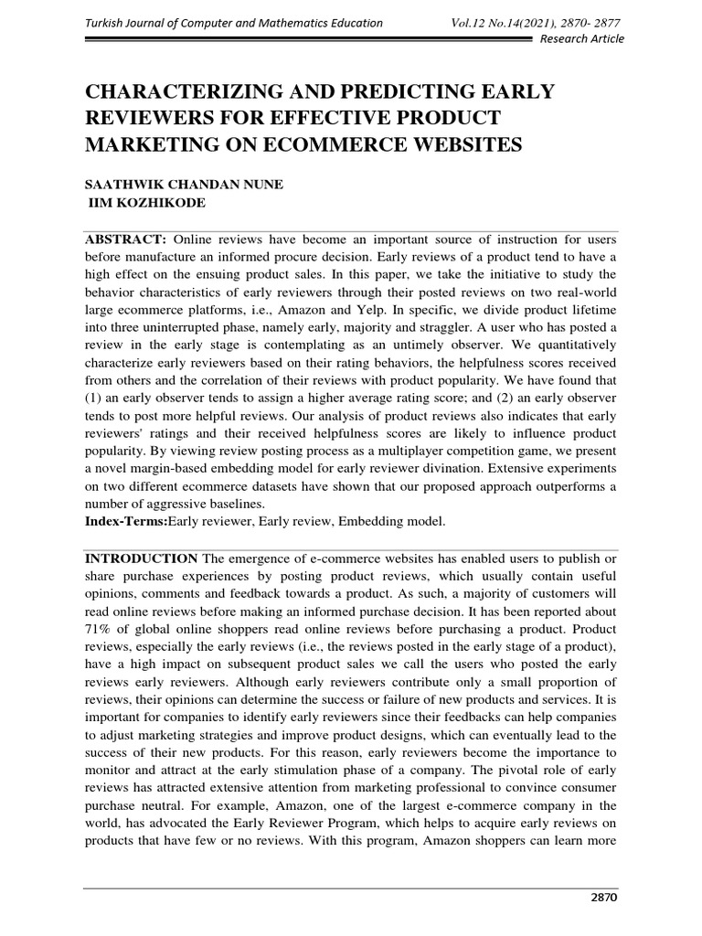 Characterizing and Predicting Early Reviewers For Effective Product Marketing On Ecommerce ...