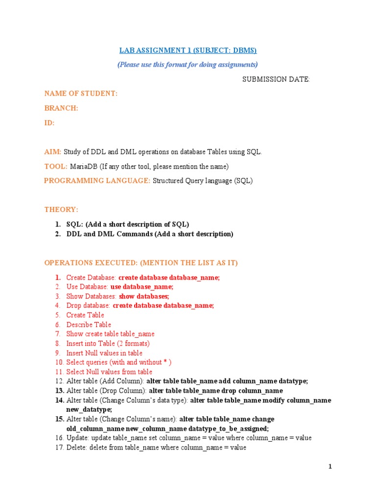 Assignment 1 Study of DDL and DML Operations On Tables. | PDF | Computers