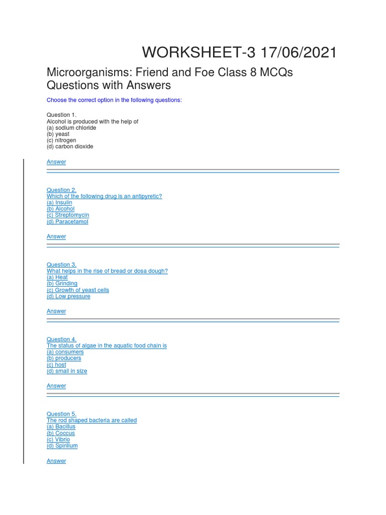 Worksheet-3 17/06/2021: Microorganisms: Friend and Foe Class 8 Mcqs ... Worksheet-3 17/06/2021: Microorganisms: Friend and Foe Class 8 Mcqs ...