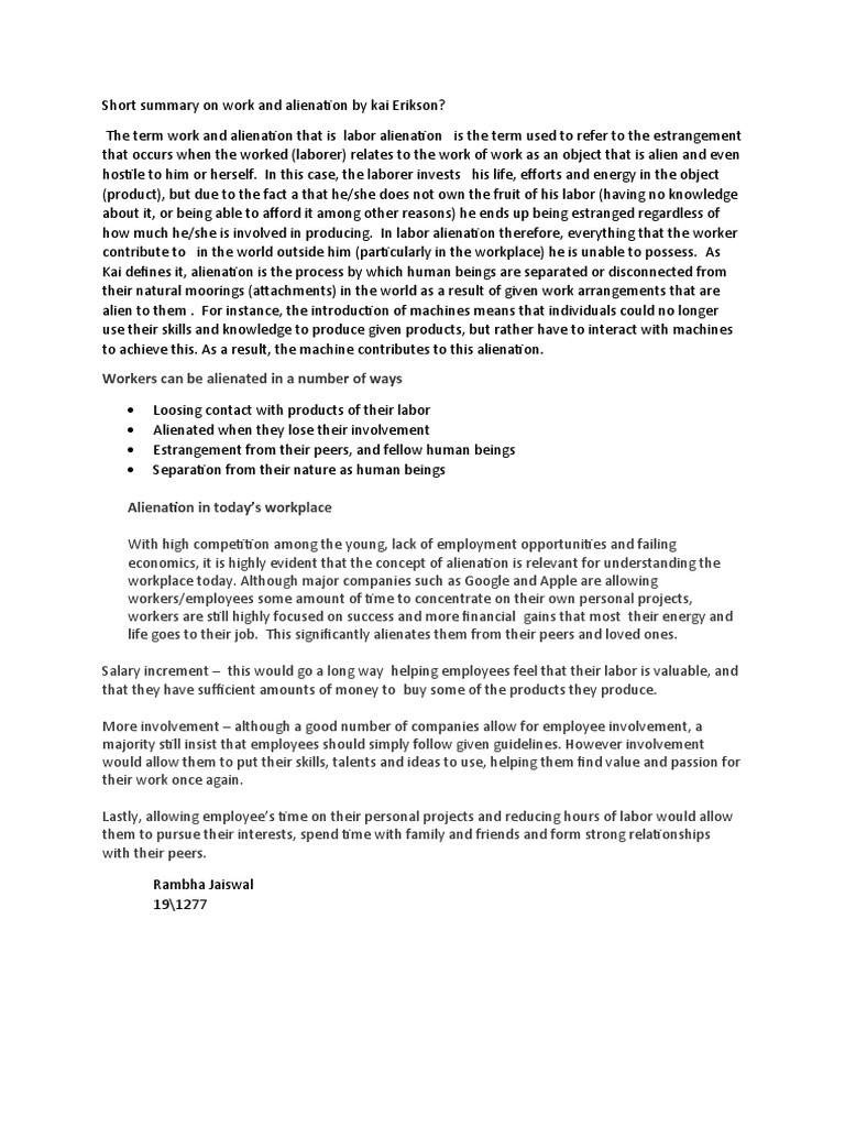 Short Summary On Work and Alienation by Kai Erikson | PDF | Marx's ...