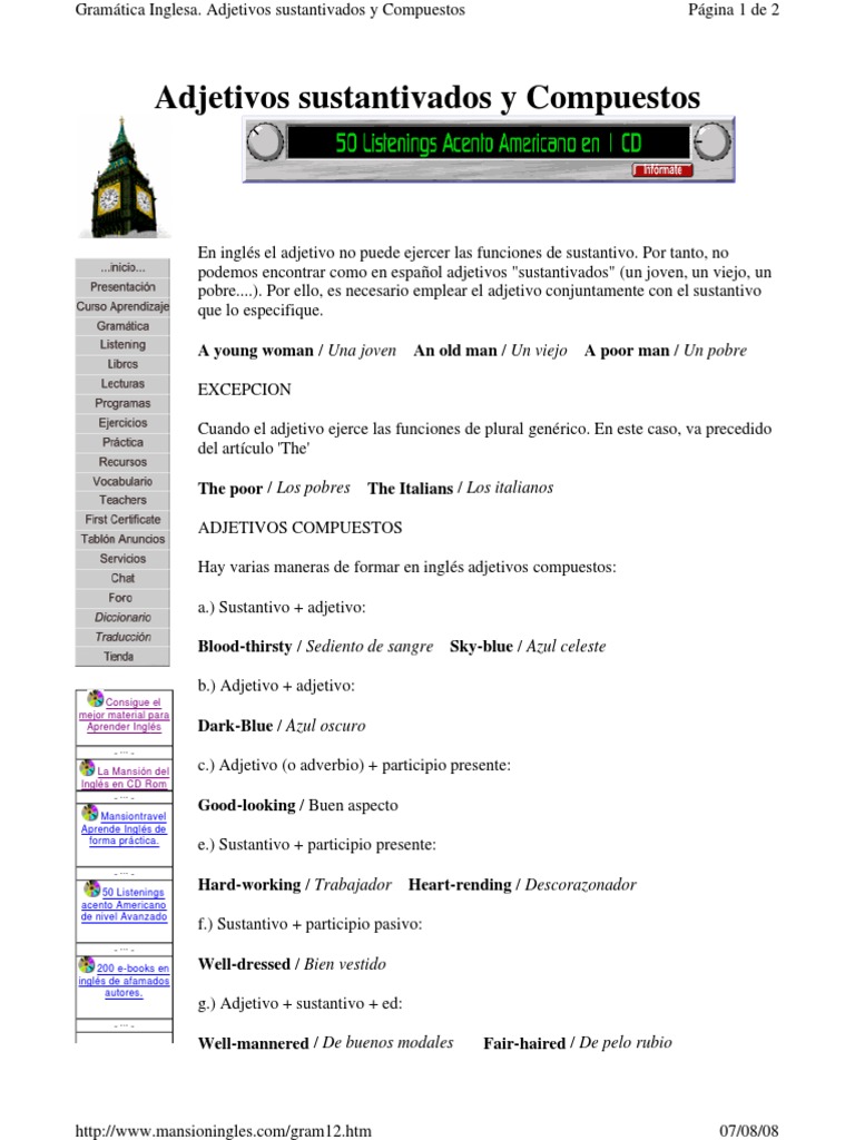 Adjetivos Sustantivos Y Compuestos Pdf Adjetivo Lingüística