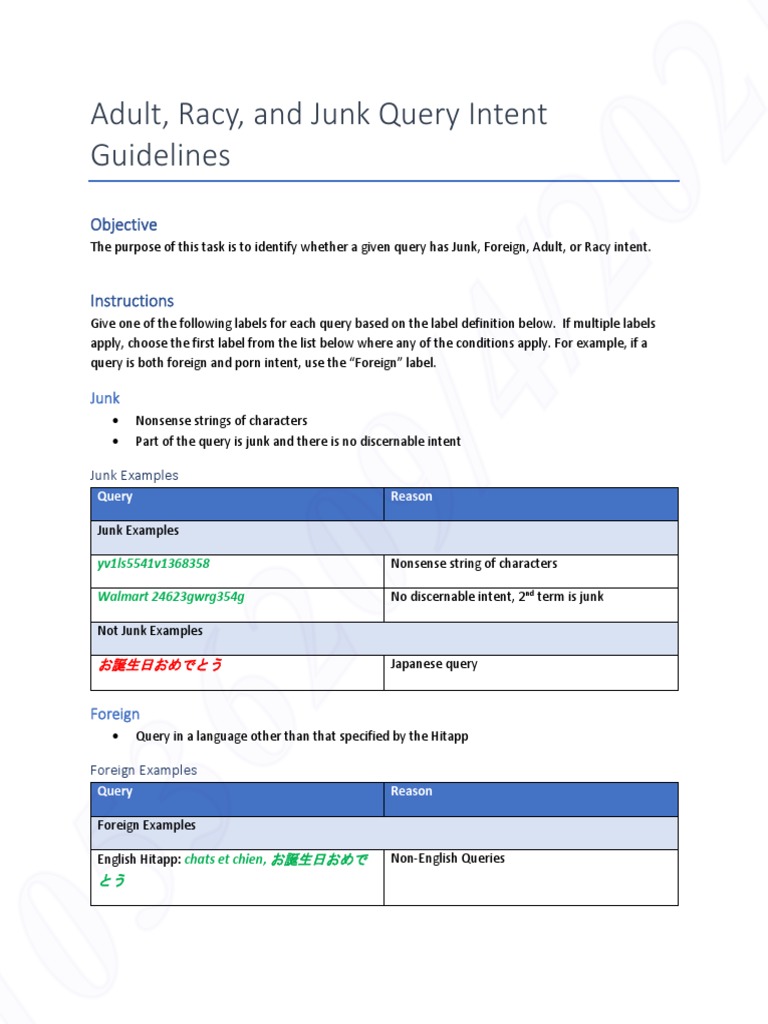 Identifying Query Intent: Guidelines for Classifying Queries as Junk, Foreign, Harmful, Porn ...