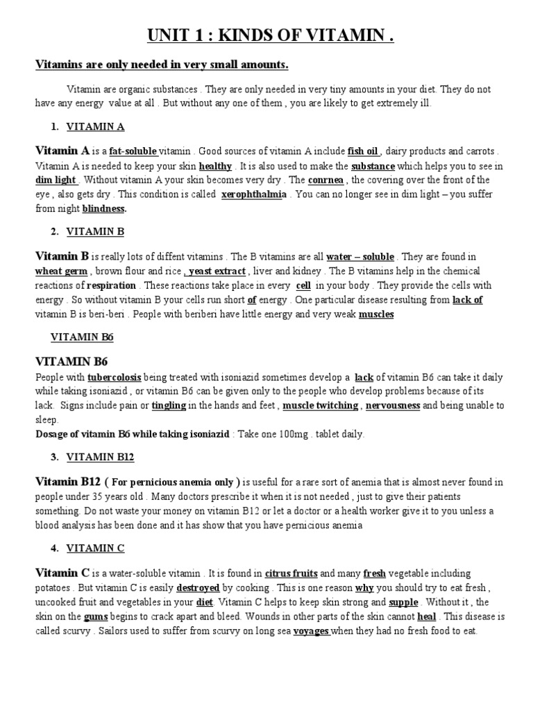 Unit 1: Kinds of Vitamin .: Vitamins Are Only Needed in Very Small ...