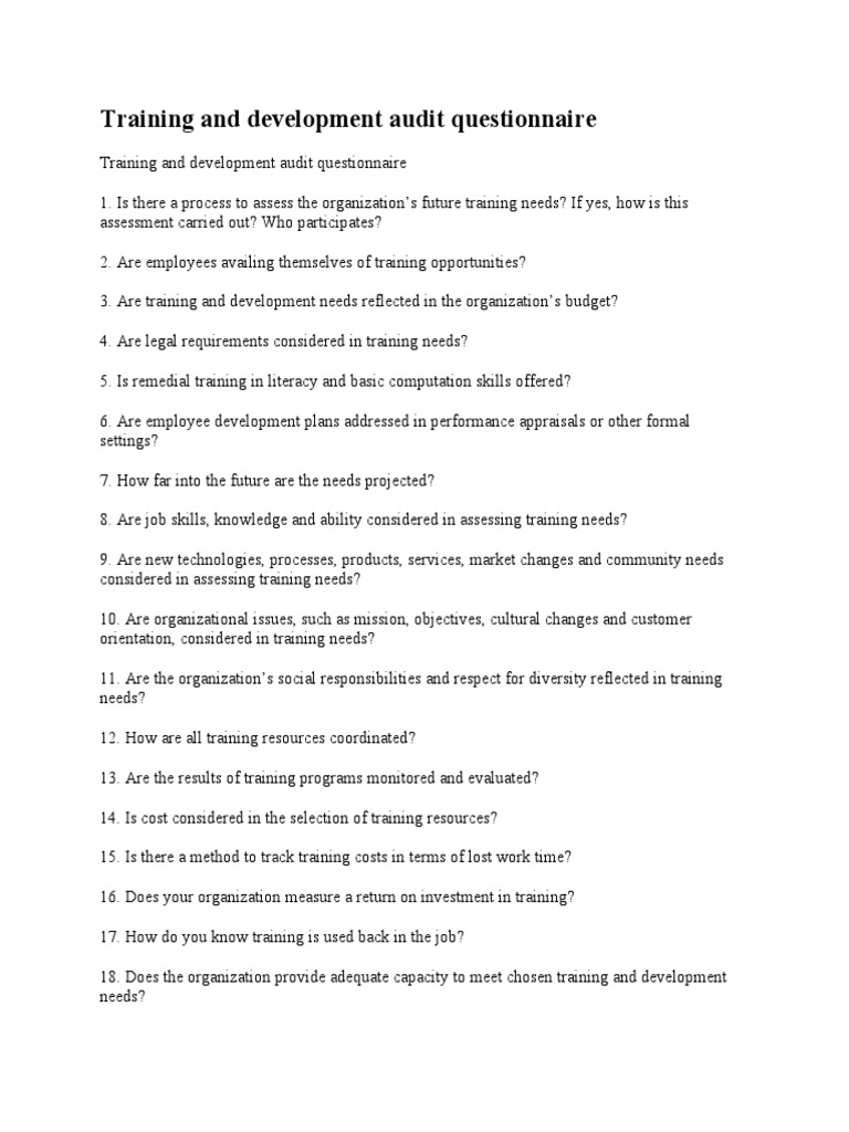 Training & Development Audit Questionnaire Checklist | PDF | Audit ...
