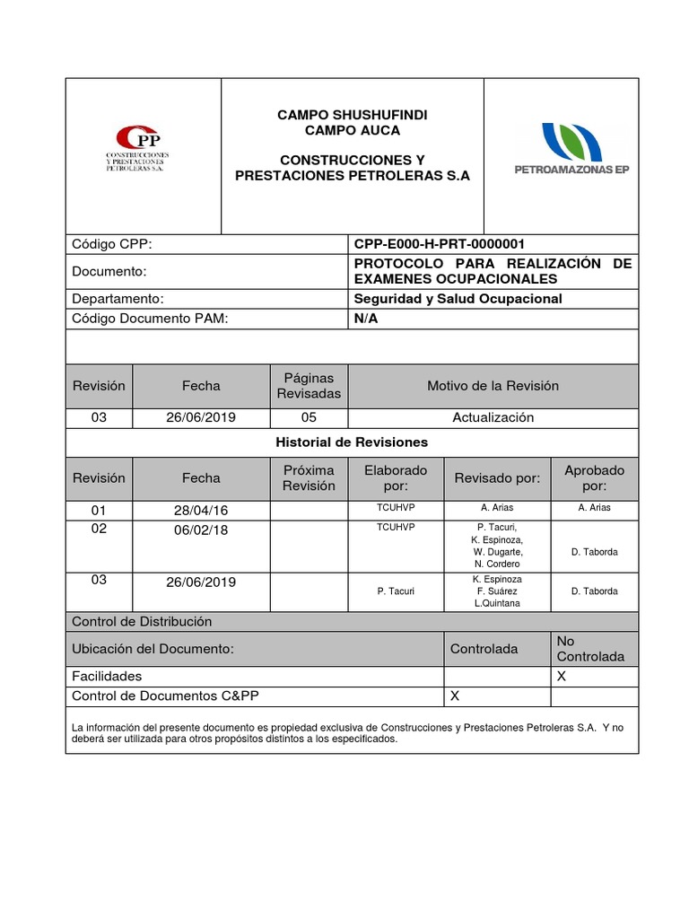 Protocolo de Examenes Ocupacionales CPP REV03 | PDF | Orina | Medicina CLINICA