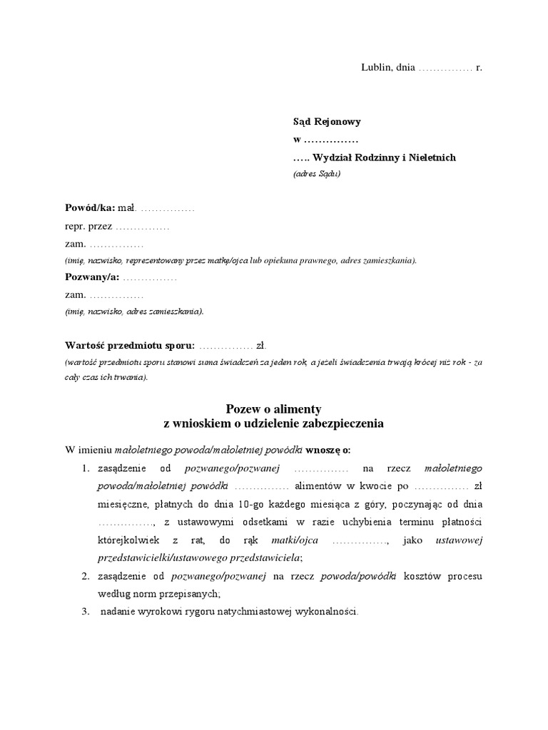 Pozew o Alimenty Z Wnioskiem o Udzielenie Zabezpieczenia | PDF