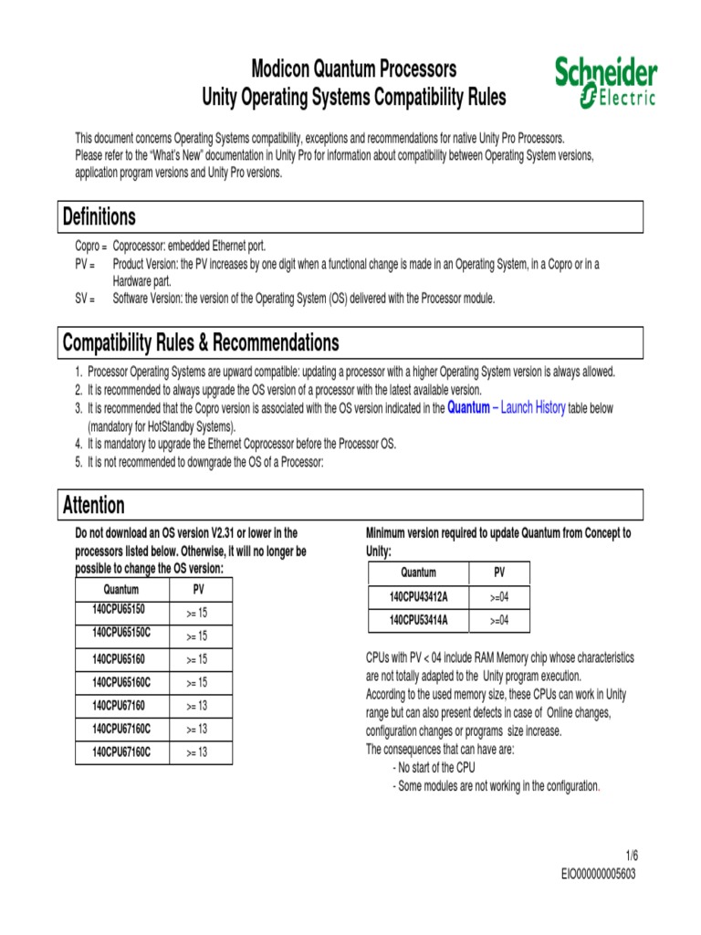 Modicon Quantum Processors - Unity Operating Systems Compatibility ...