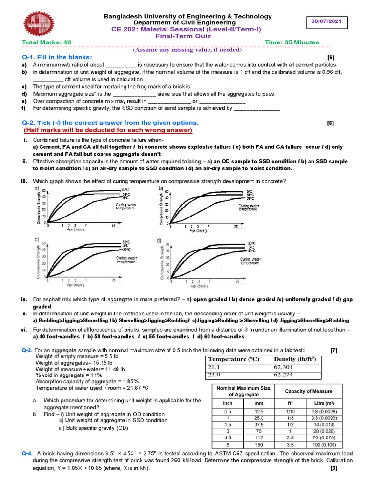 CE 202: Material Sessional (Level-II/Term-I) Final-Term Quiz | PDF ...