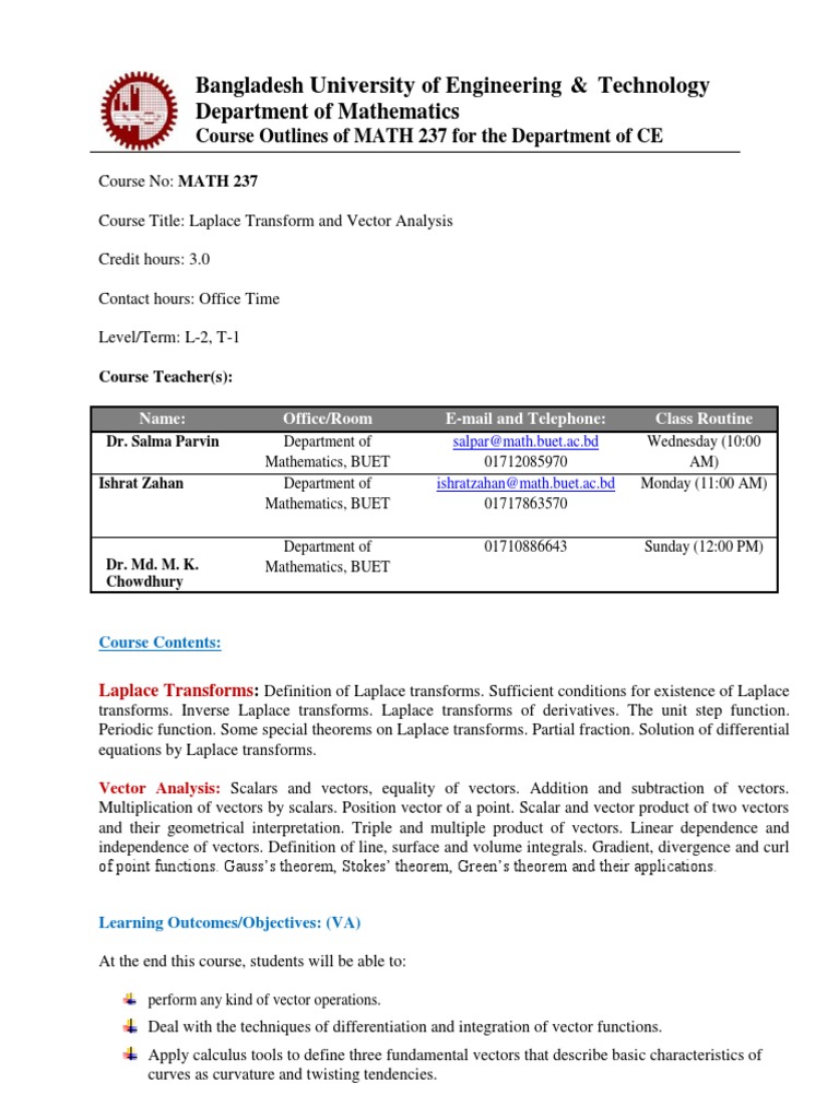 Course Outline - MATH 237 | PDF | Vector Calculus | Integral