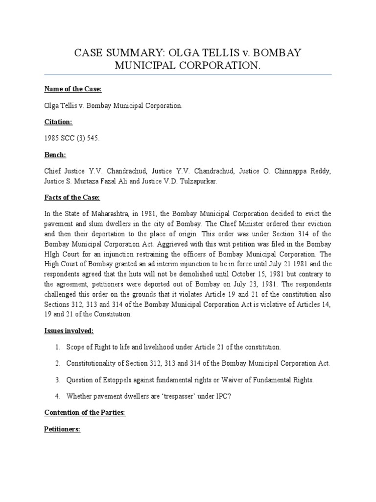 Case Summary - Olga Tellis | PDF | Crime & Violence | Crimes