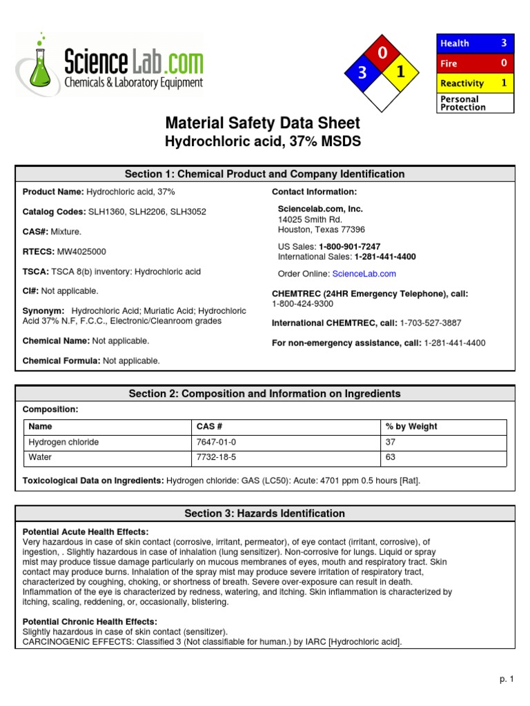 Material Safety Data Sheet: Hydrochloric Acid, 37% MSDS | PDF ...