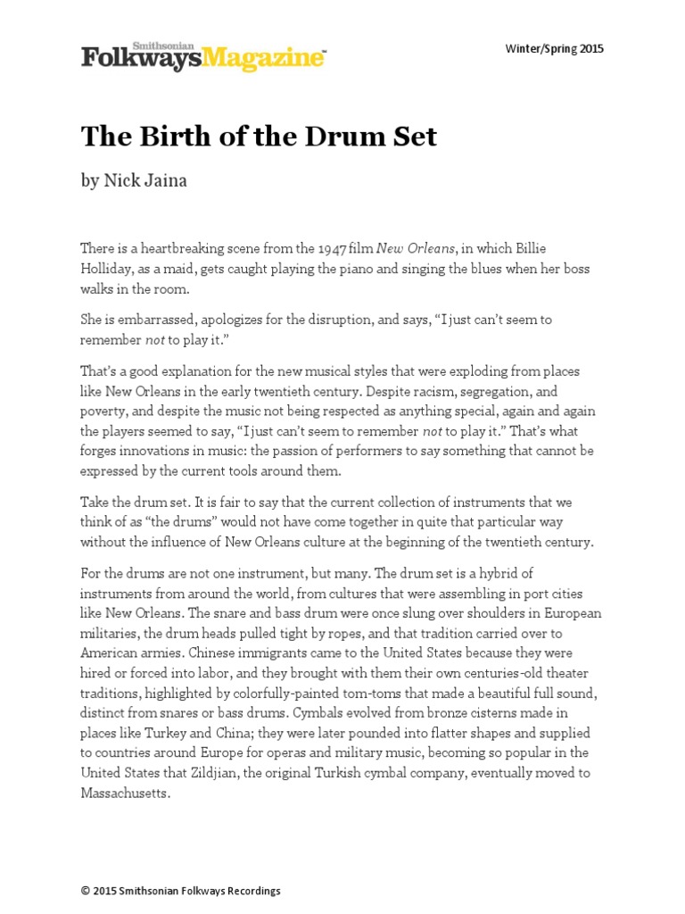 The Birth of The Drum Set: by Nick Jaina | PDF | Drum Kit | Jazz