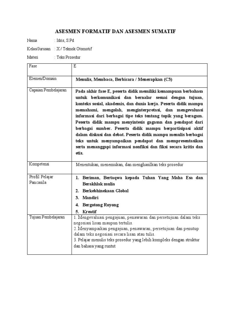 Contoh Asesmen Formatif dan Sumatif | PDF