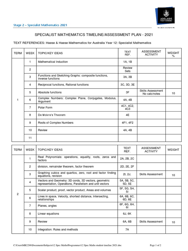 12 Spec Maths Student Timeline 2021 | PDF | Complex Number | Zero Of A ...
