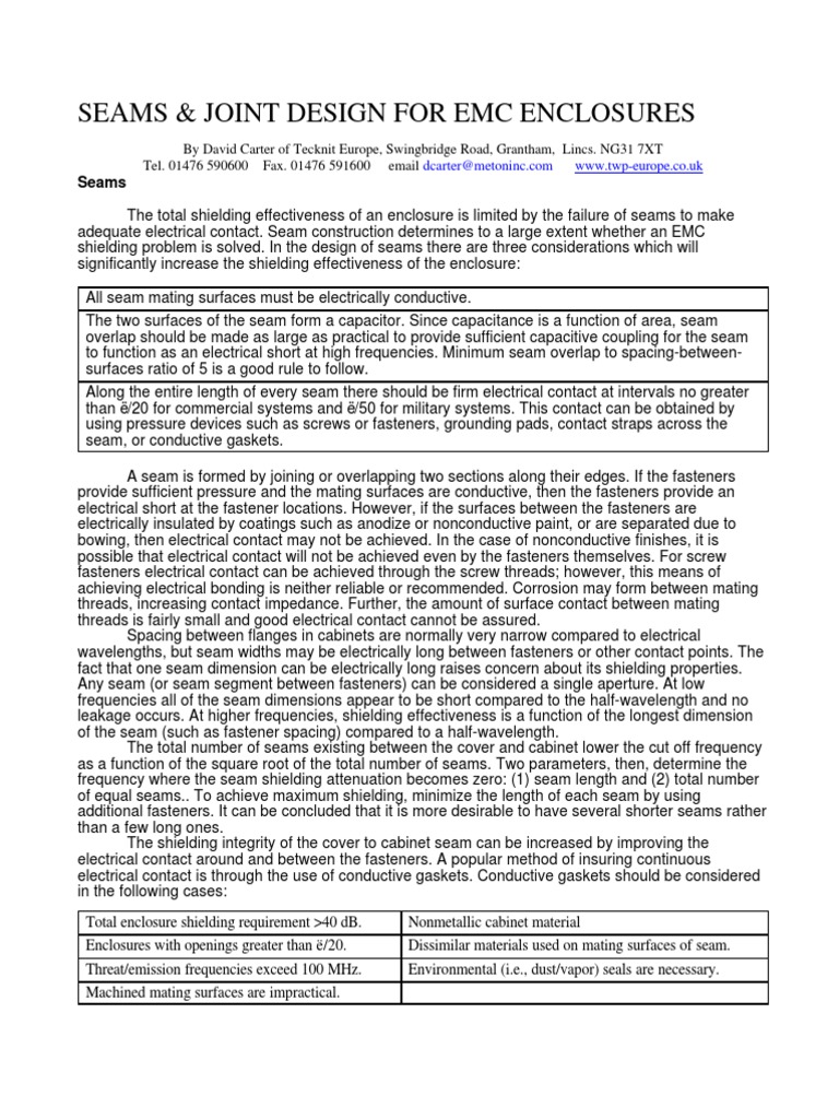 Seams & Joint Design For Emc Enclosures | PDF | Pressure | Electromagnetism