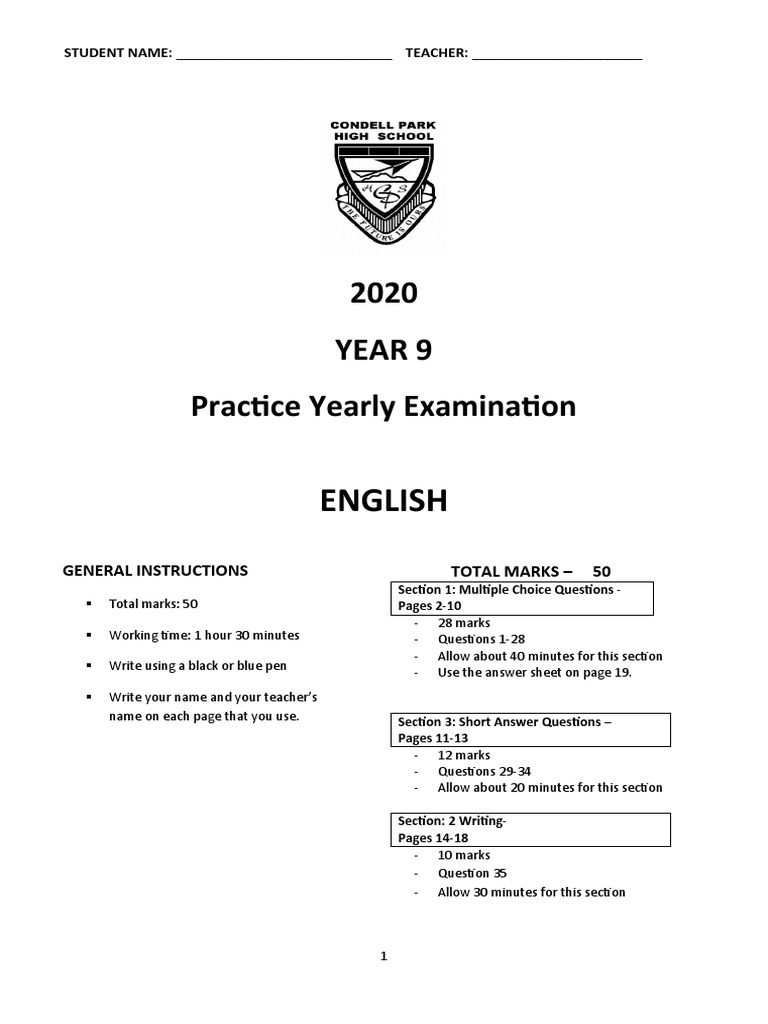 Year 9 English Exam Practice | PDF | Multiple Choice | Test (Assessment)