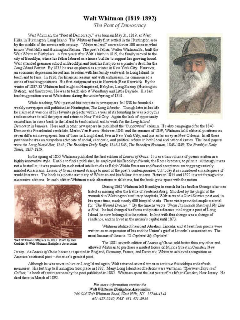 Walt Whitman: From Poet of Long Island to Poet of Democracy | PDF ...