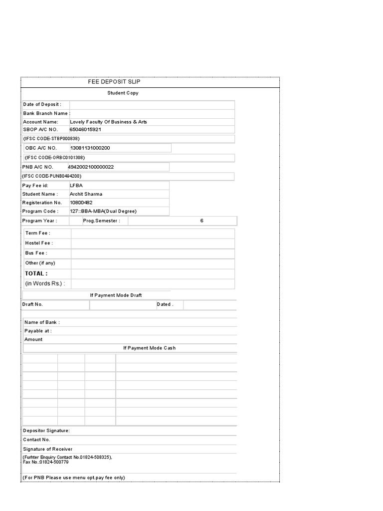Fee Deposit Slip for LFBA Students | PDF