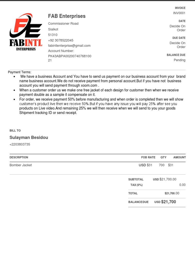 Invoice details for Bomber Jacket order | PDF | Receipt | Trade