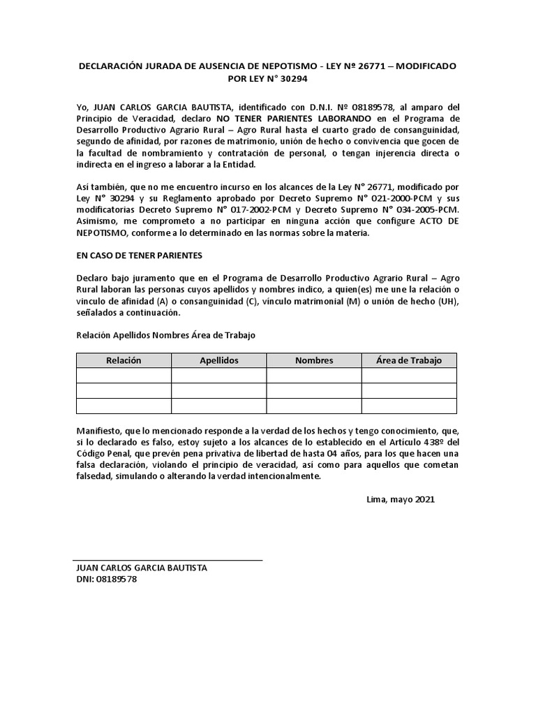 Declaracion Jurada de Nepotismo | PDF