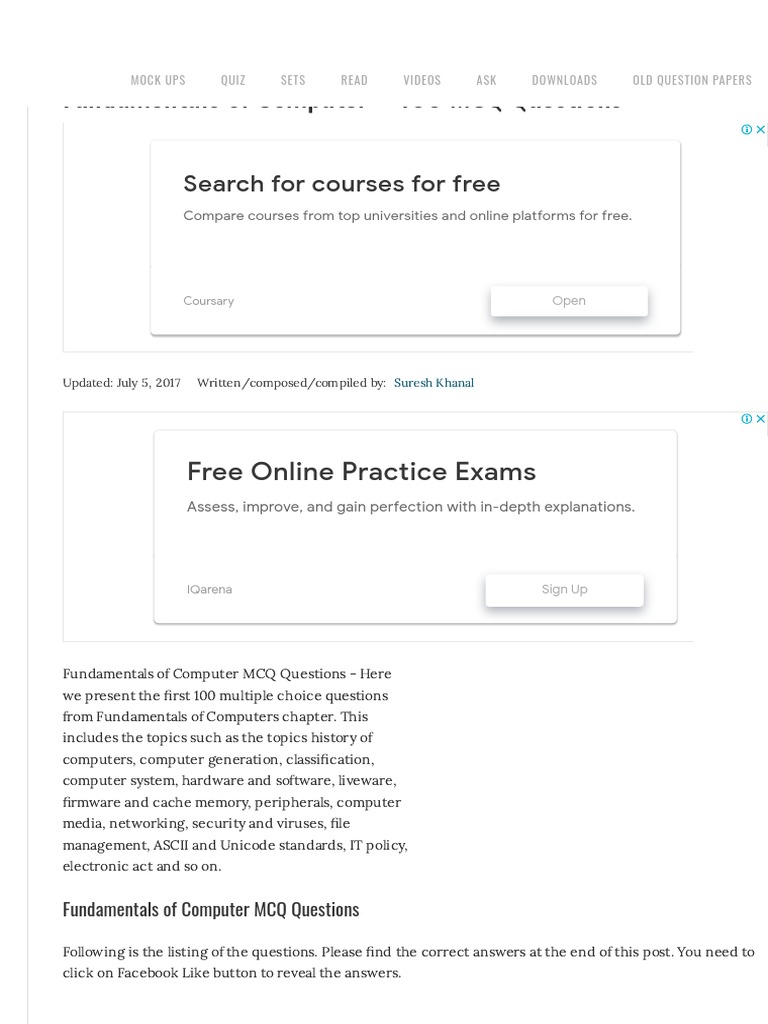 Fundamentals of Computer - 100 MCQ Questions MCQ Sets | PDF | Computer Data Storage | Integrated ...