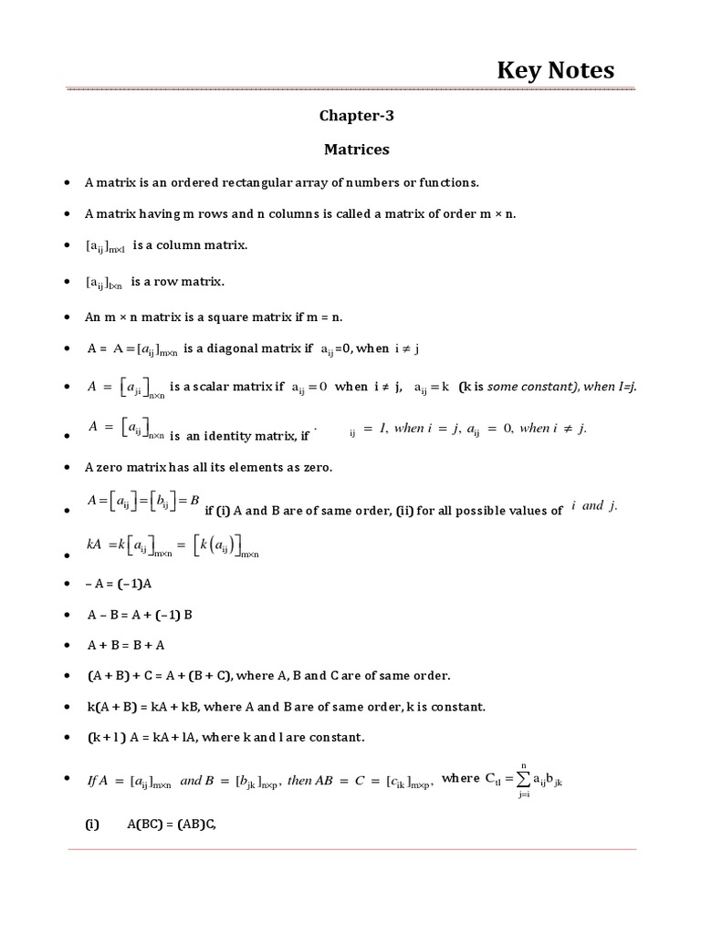Key Notes: Chapter-3 Matrices | PDF | Matrix (Mathematics) | Abstract ...