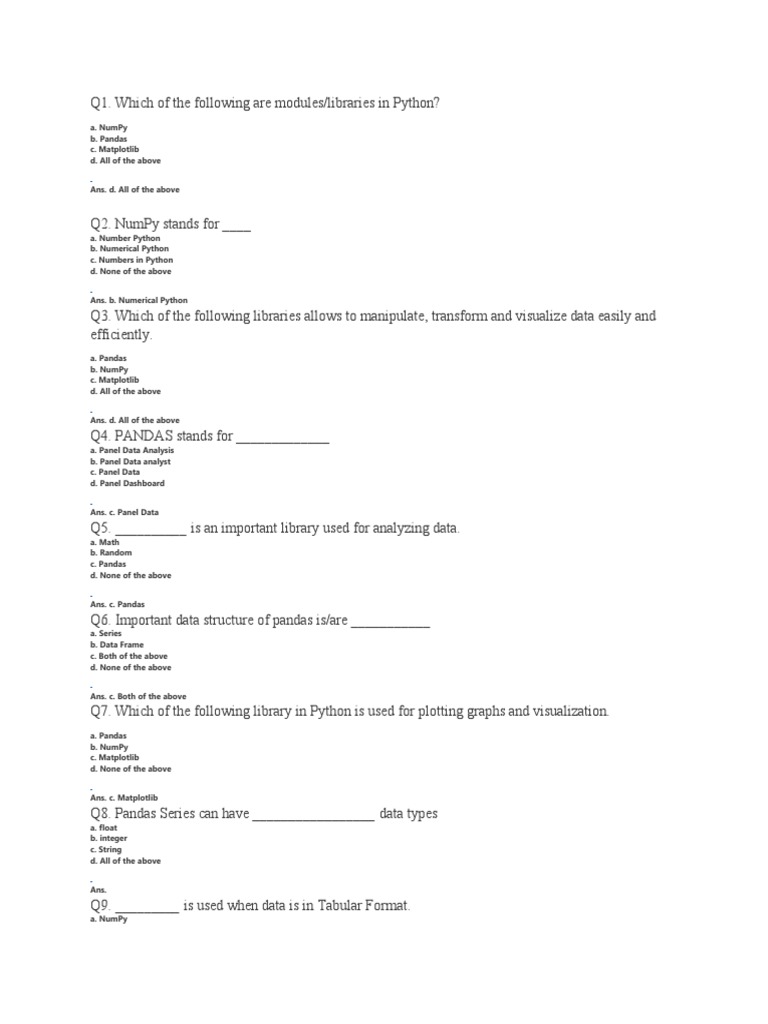 Pandas Mcqs With Answers | PDF | Boolean Data Type | Data