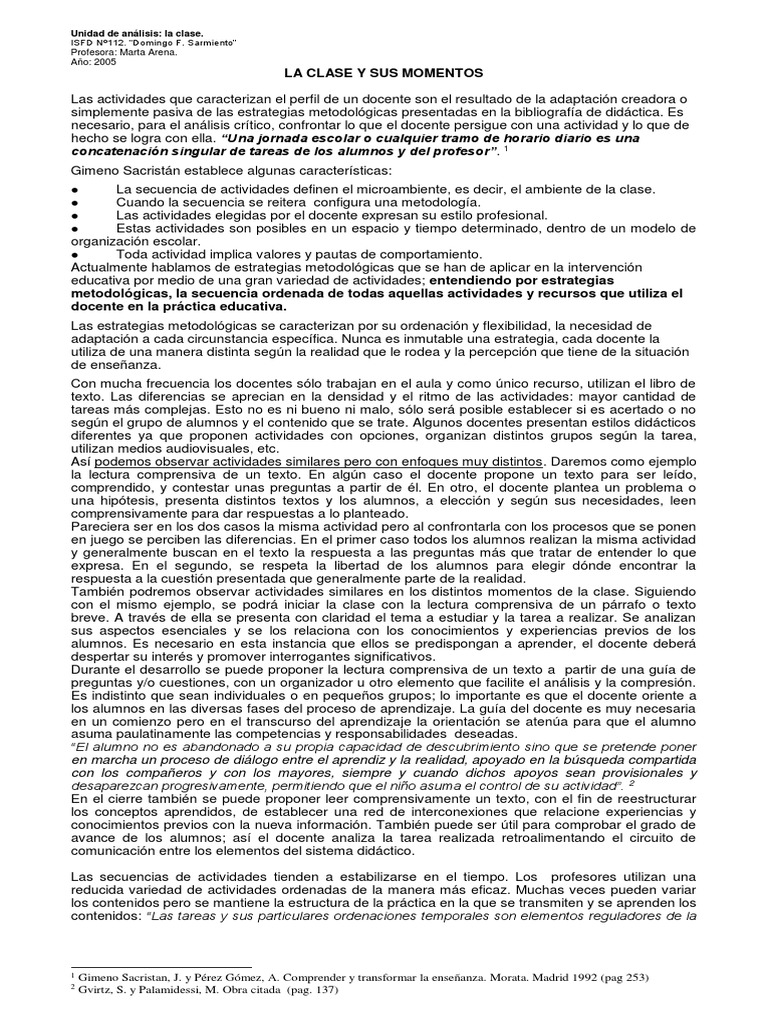 Arena Marta Los Momentos de La Clase | PDF | Aprendizaje | Maestros