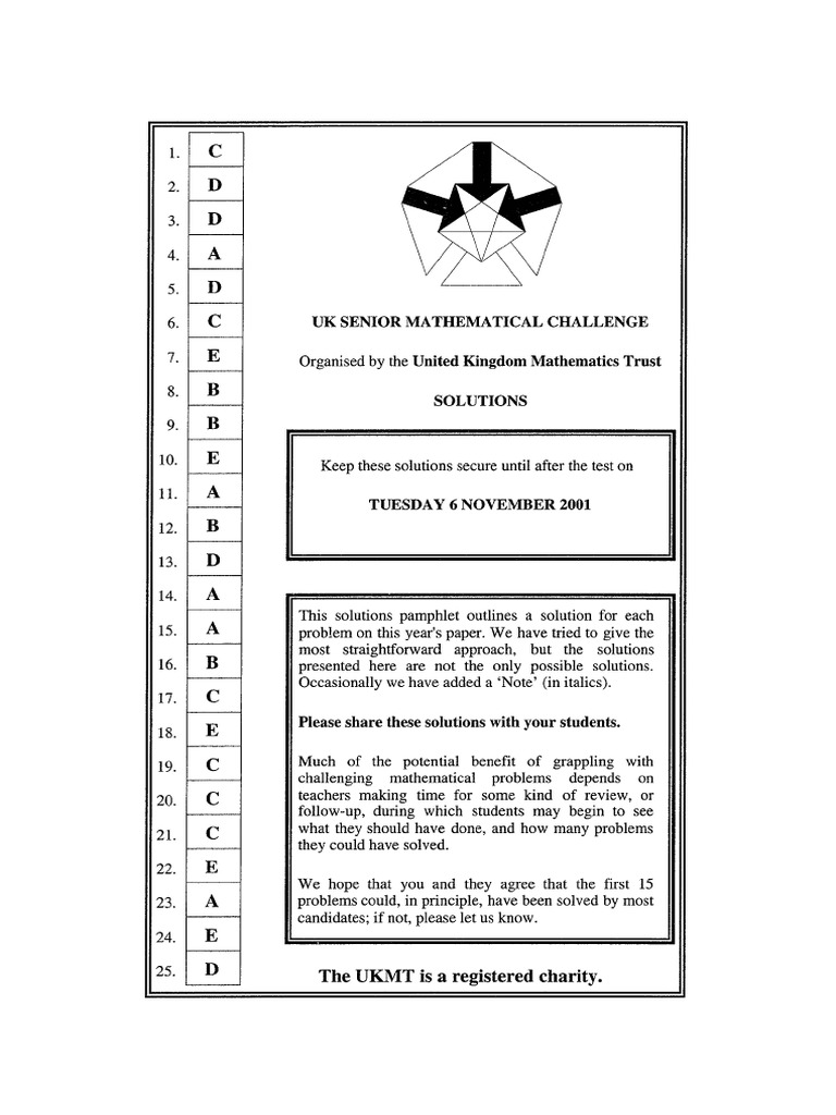 UKMT - SMC - Senior Mathematical Challenge 2001 - Solutions | PDF