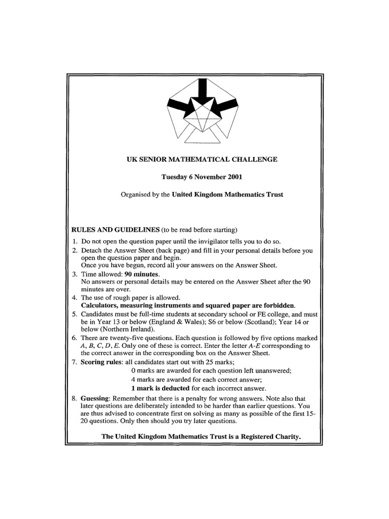 UKMT - SMC - Senior Mathematical Challenge 2001 - Questions | PDF