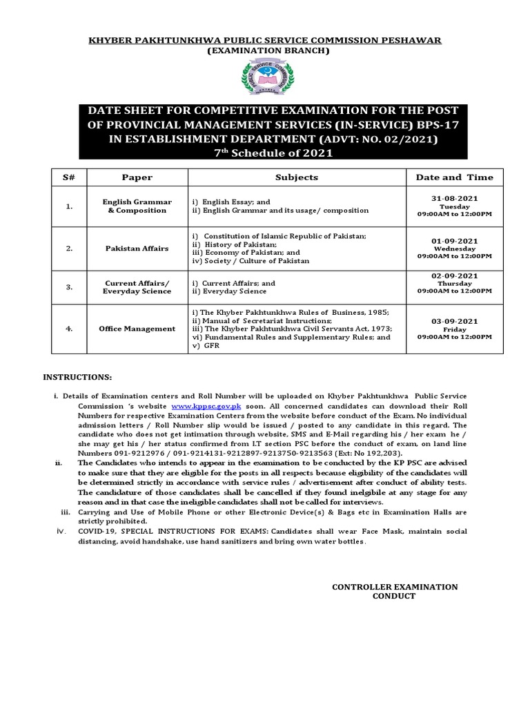KPPSC Exam Schedule for PMS BPS-17 | PDF | Test (Assessment) | Pakistan