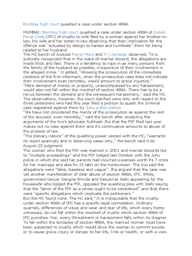 Bombay High Court Quashed A Case Under Section 498A | PDF | Social ...