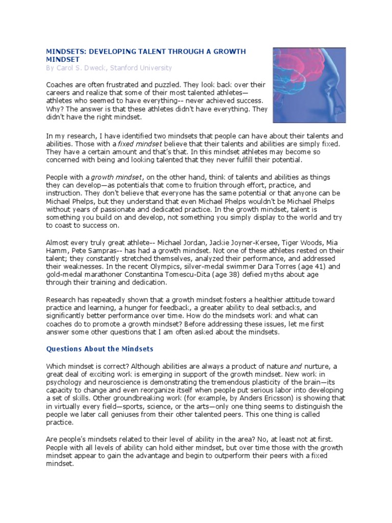 By Carol S. Dweck, Stanford University: Mindsets: Developing Talent ...