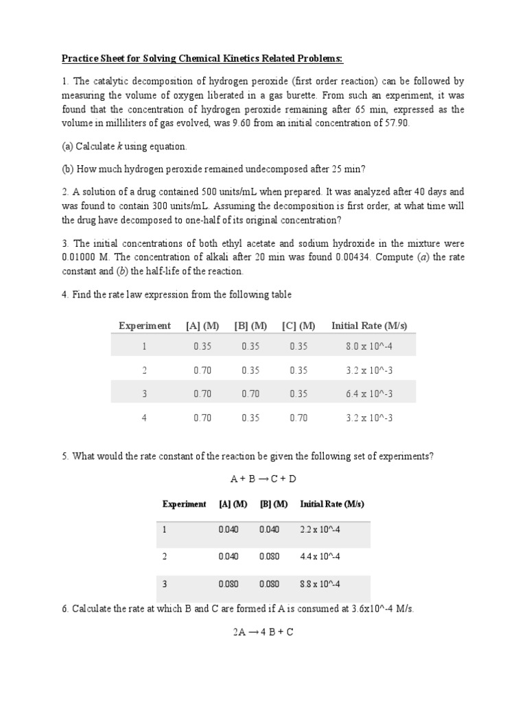 Practice Sheet Chemical Kinetics | PDF