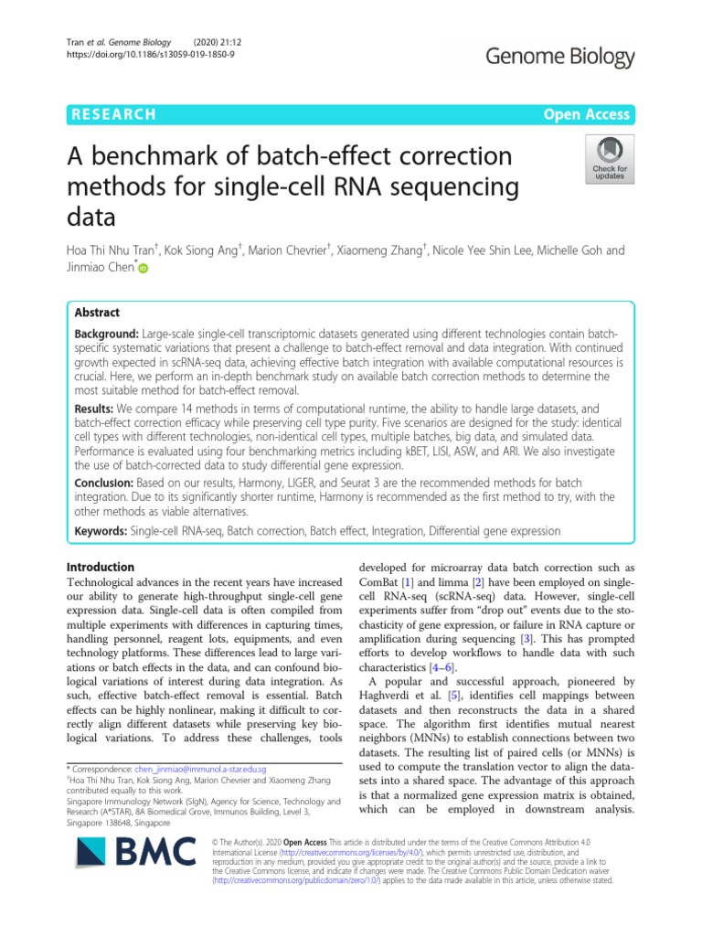 A Benchmark Of Batch Effect Correction Methods For Single Cell Rna