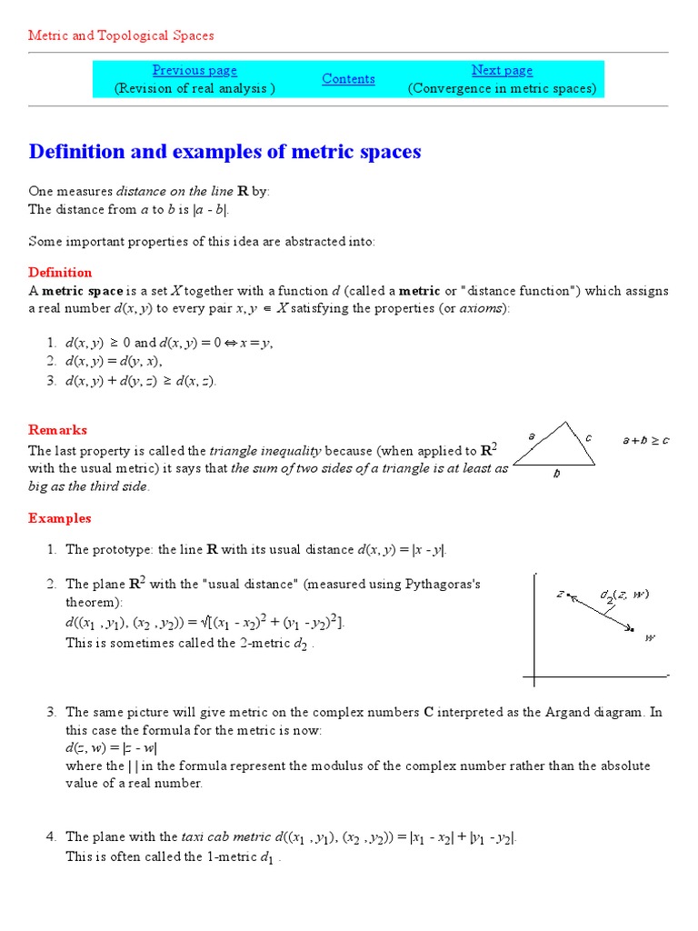 Definition and Examples of Metric Spaces: Previous Page Next Page | PDF ...