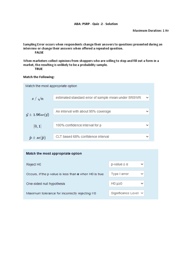PSRP Quiz-2 Solution | PDF | P Value | Statistical Significance