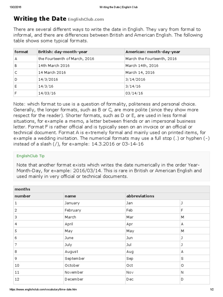 Writing The Date - English Club | PDF | English Language