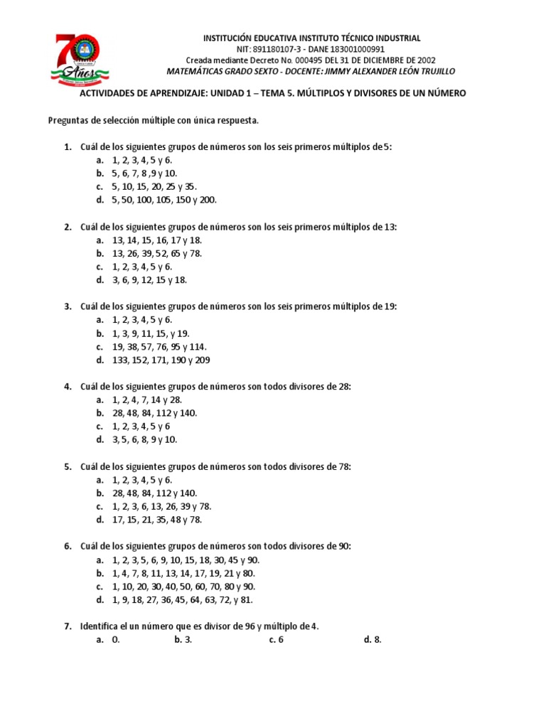 Actividades de Múltiplos y Divisores 6° | PDF
