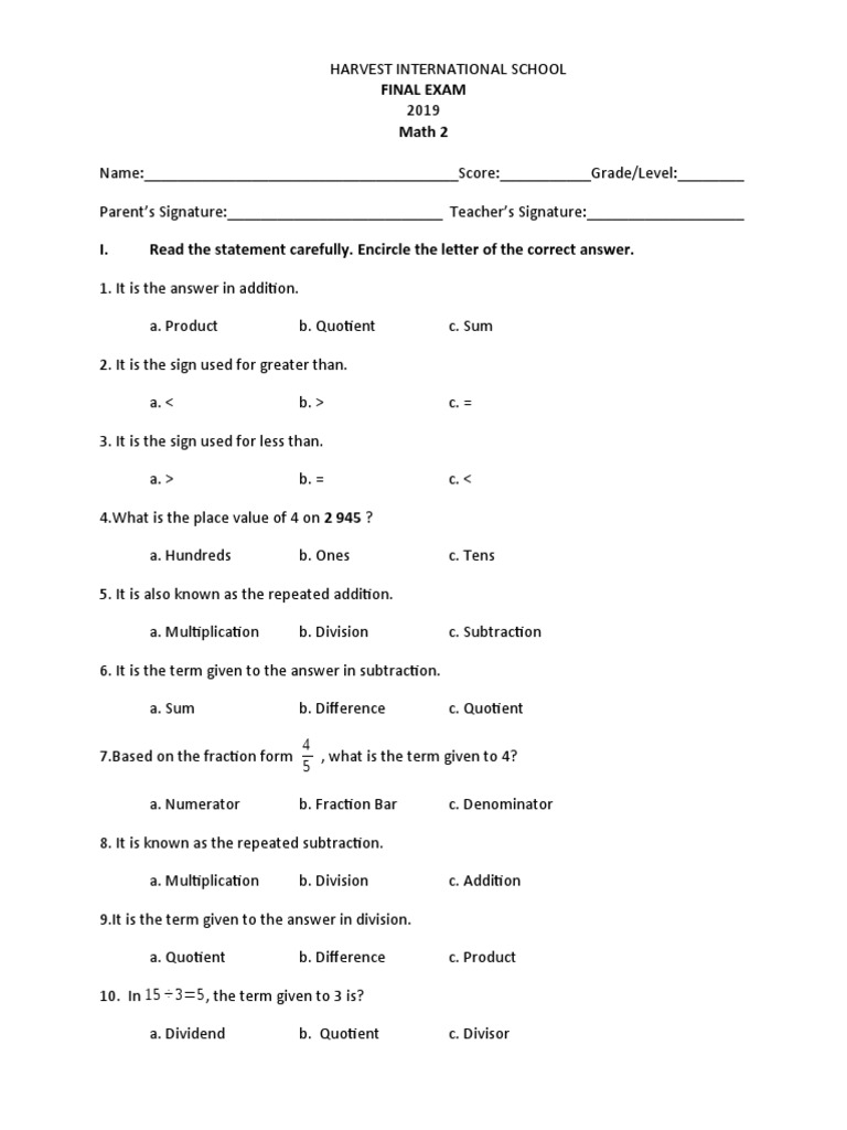 Final Exam Math 2 | PDF | Division (Mathematics) | Mathematical Notation