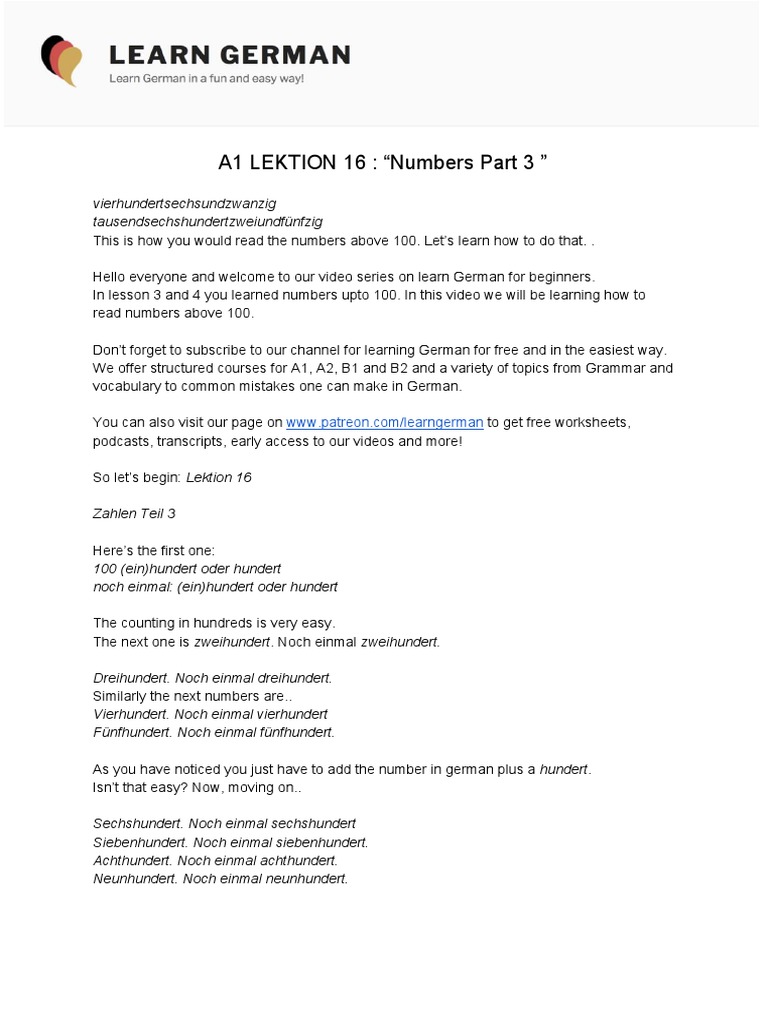 German Numbers Over 100 Tutorial | PDF | Human Communication | Linguistics